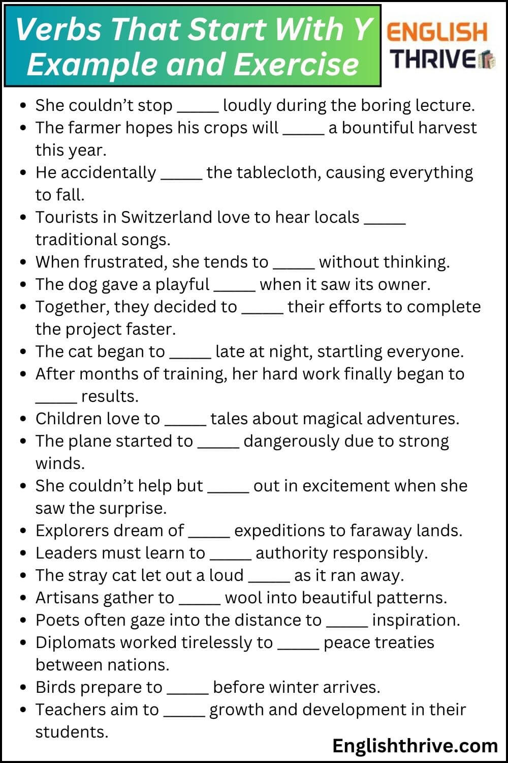 Verbs That Start With Y Example And Exercise