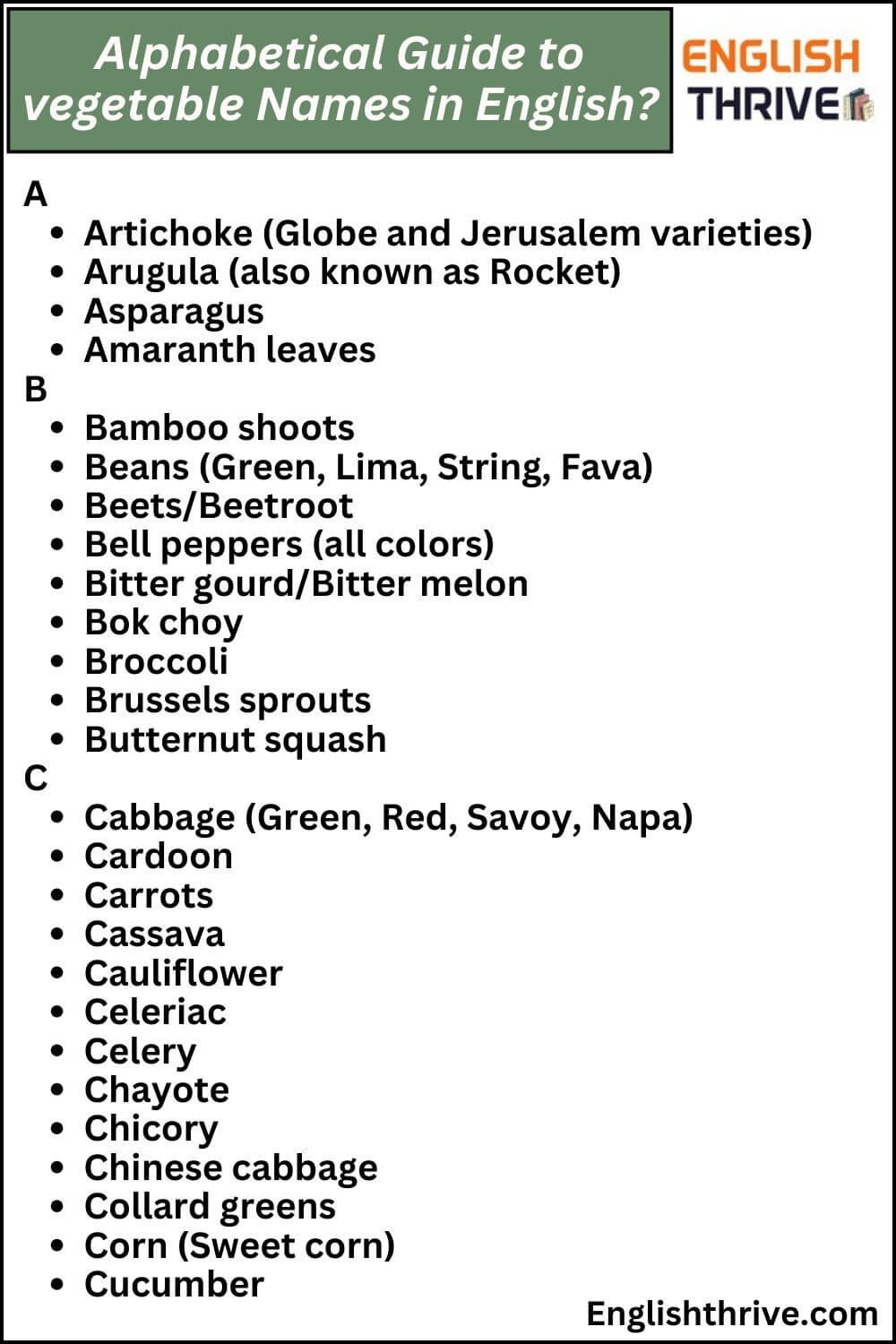 A-Z Vegetable Names In English With Pictures