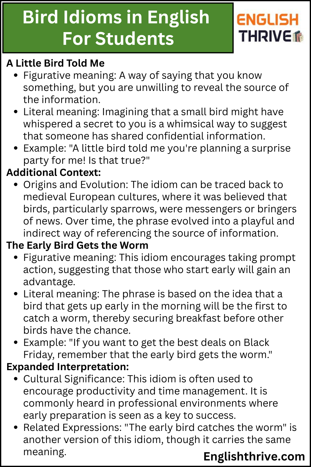 Bird Idioms In English With Meaning And Examples