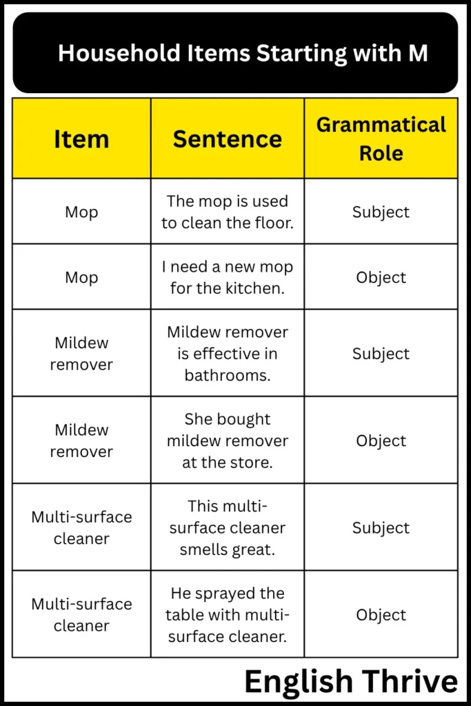 Household Items Starting With M: Household Items & English Grammar