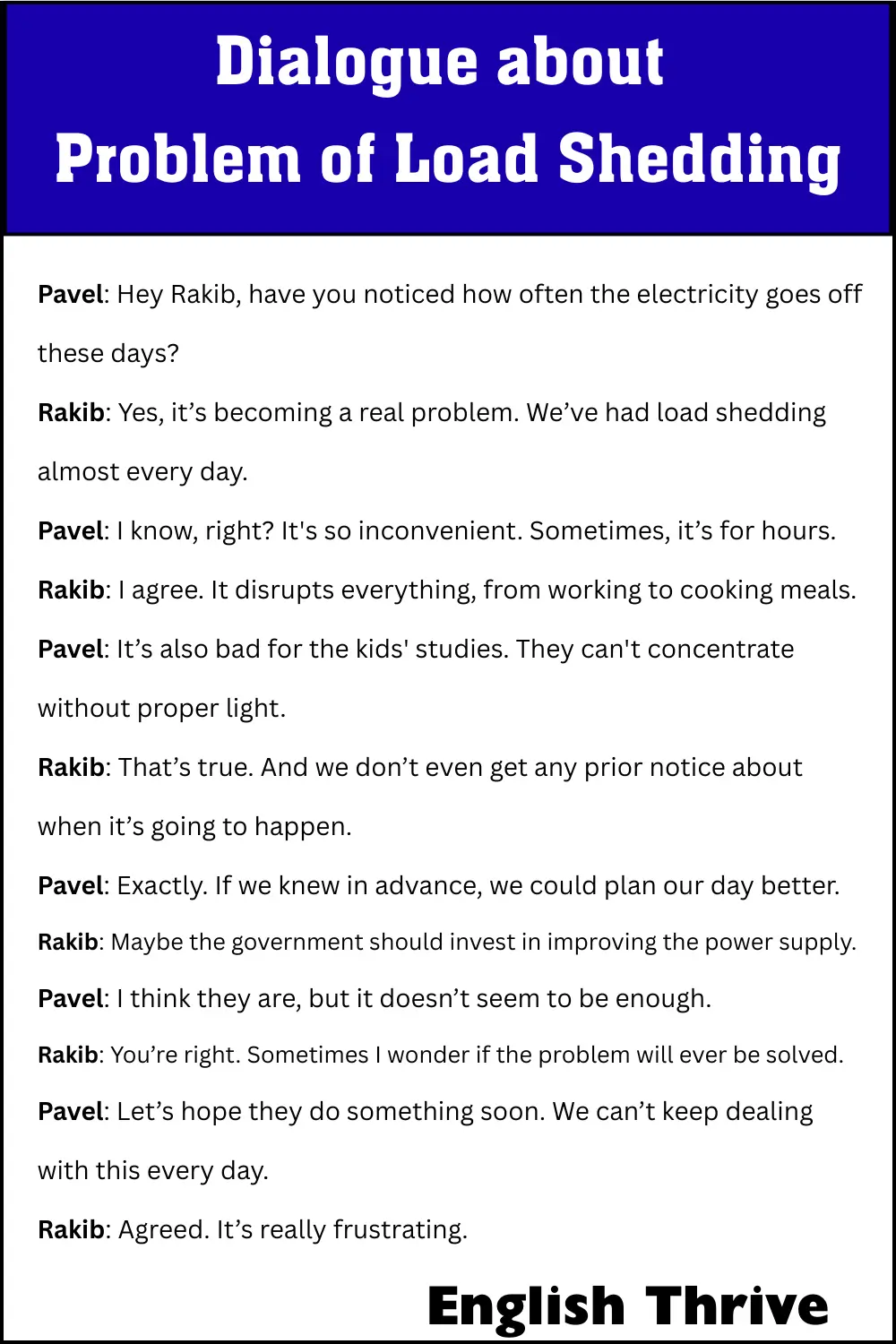 Dialogue About Problem Of Load Shedding In English