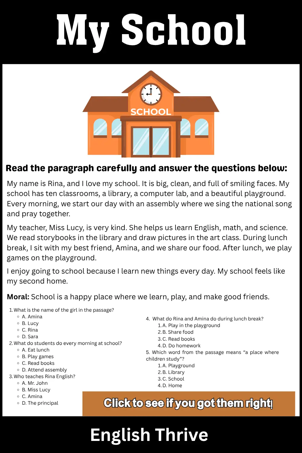 My School Reading Comprehension For Grade 2